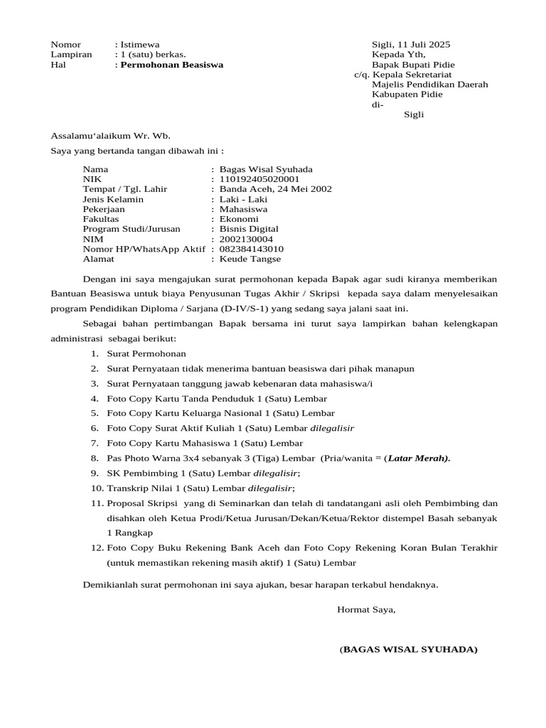 Contoh Permohonan Beasiswa Dan Surat Peryataan Tidak Menerima Bantuan ...