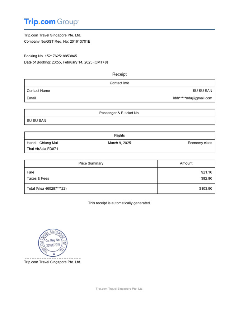 Trip.com Flight Receipt for SU SU SAN | PDF