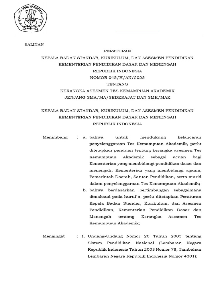 Perkaban Nomor 45 Tahun 2025 Tentang Kerangka Asesmen TKA - SMA - MA ...