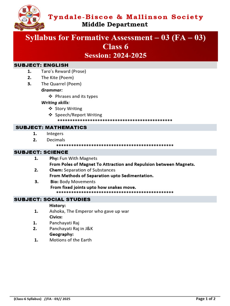 Class 6 FA3 2025 | PDF