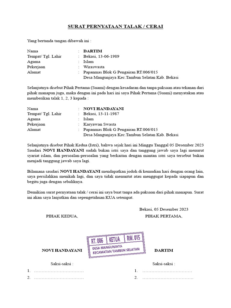 Surat Talak Dartim kepada Novi Handayani | PDF