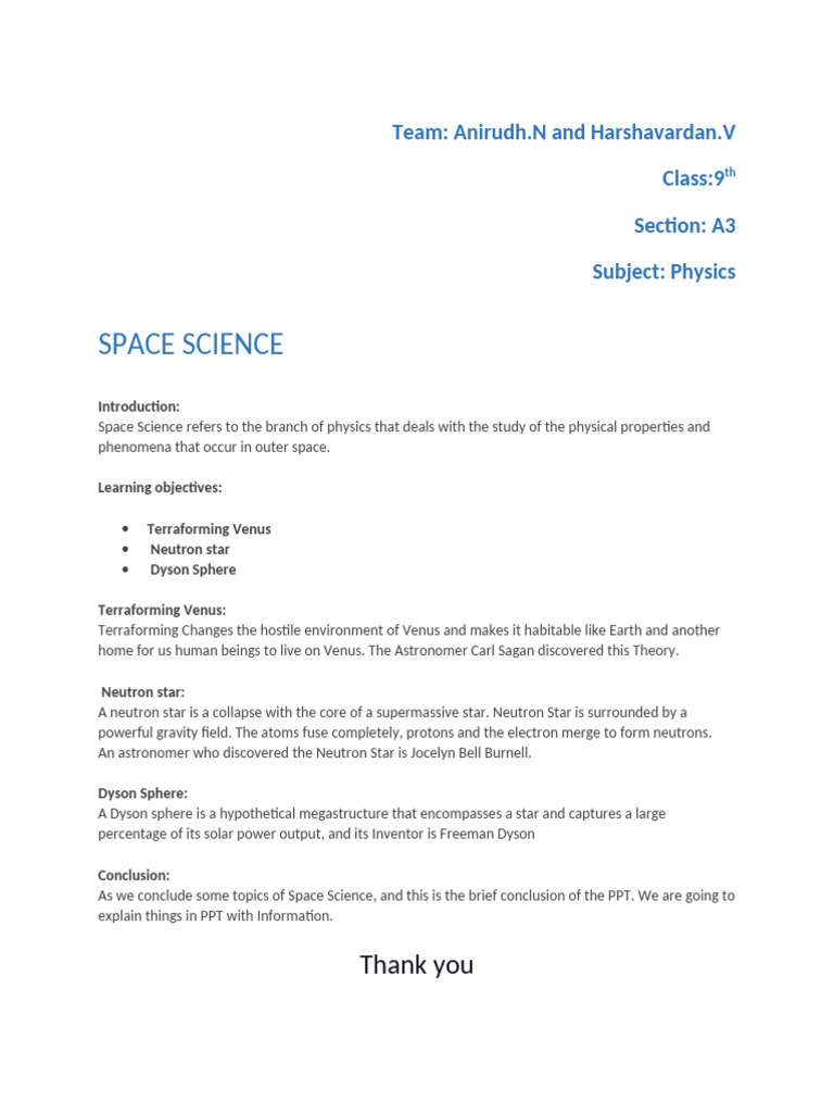 Space Science by Anirudh and Harshavardan.V | PDF