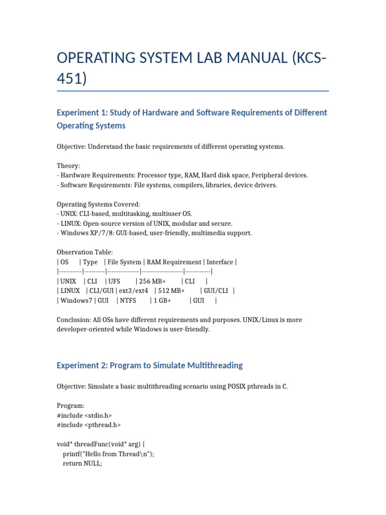 Operating System Lab Manual KCS451 | PDF | Operating System | Thread (Computing)