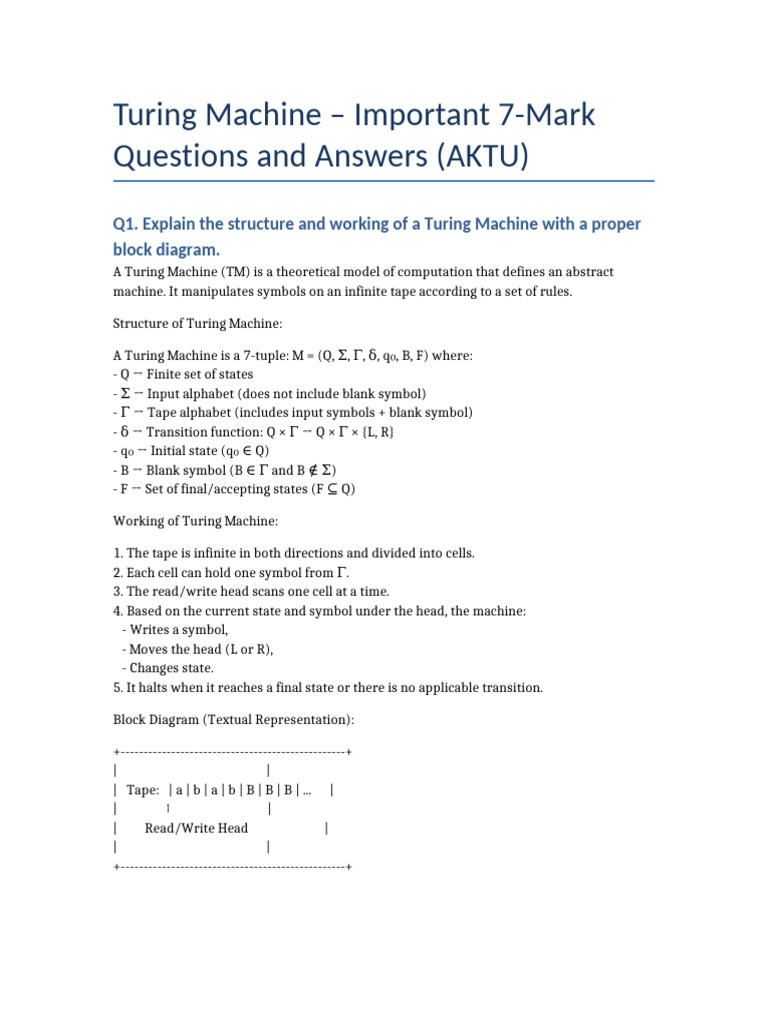 Turing Machine: Key Questions & Answers | PDF | Theory Of Computation ...