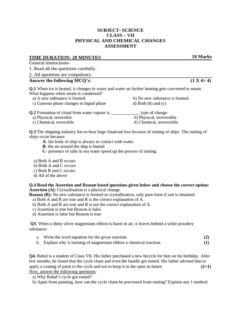 Physical and Chemical Changes Worksheet | PDF | Water | Chemical Reactions
