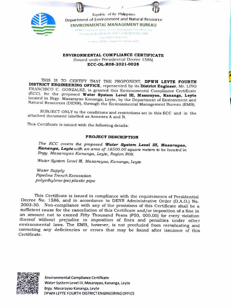 Environmental Compliance Certificate for Water System, Leyte | PDF