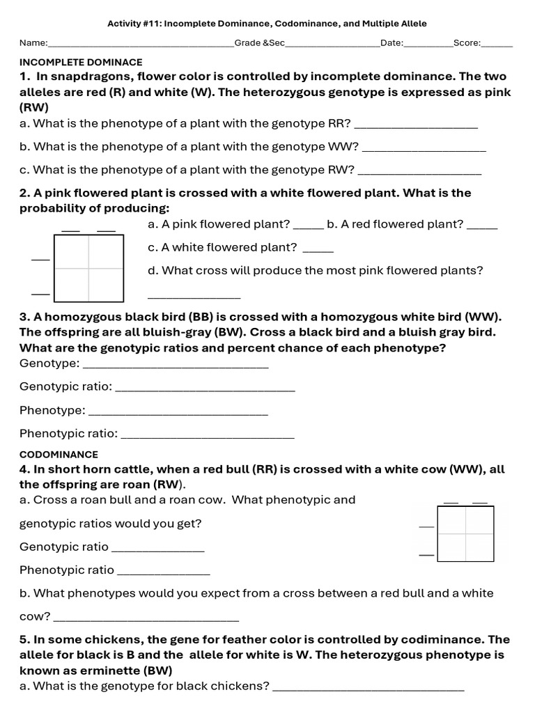Act 12 Incomplete and Codominance | PDF | Dominance (Genetics) | Genotype