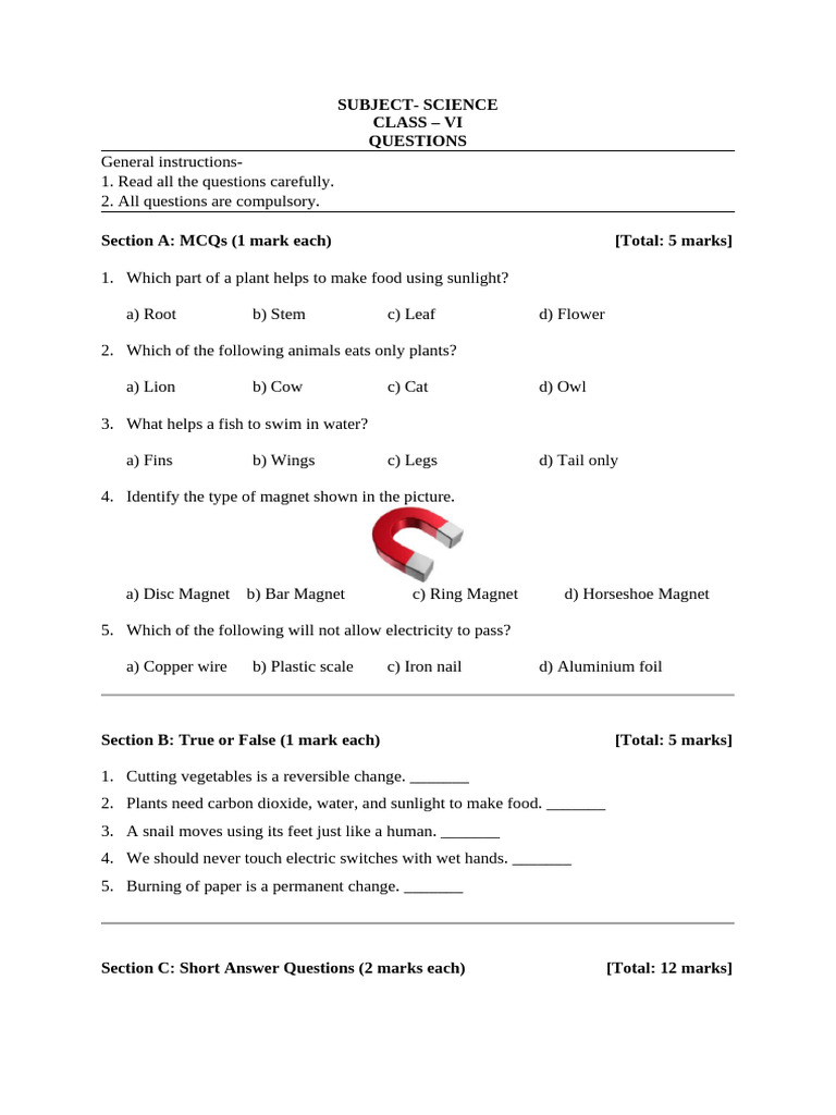 Science PRACTICE Worksheet Class 6 | PDF