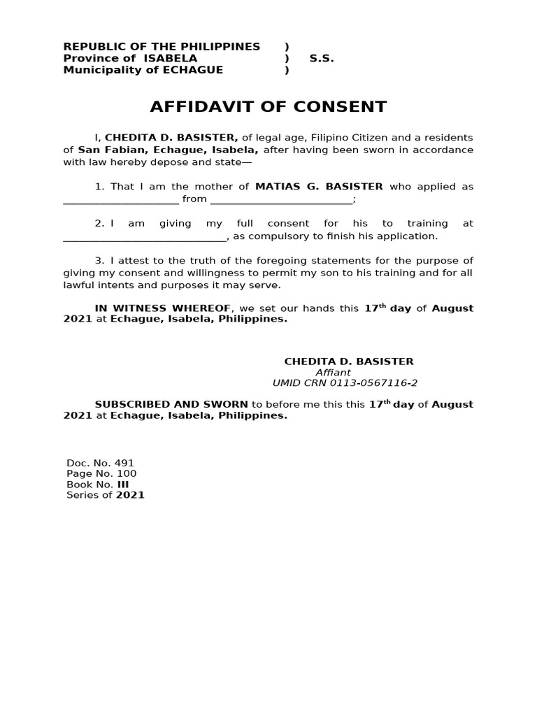 Affidavit of Consent - OJT 2021 Basister | PDF