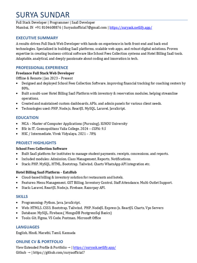 Surya SK Resume 2025 | PDF