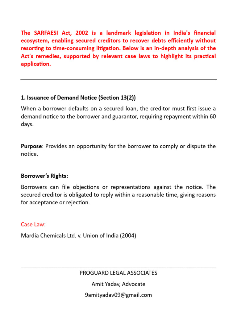 Landmark Legislation The SARFAESI Act, 2002 | PDF | Debtor | Supreme ...
