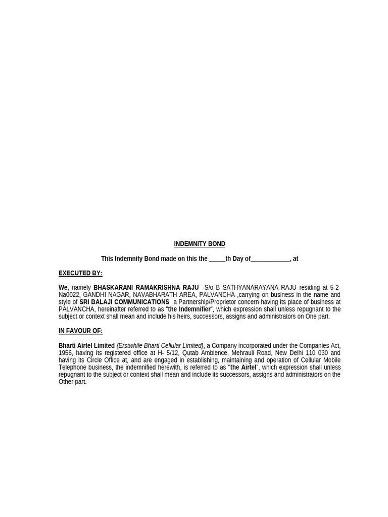 Indemnity Bond for Airtel Distributor | PDF | Indemnity | Cheque