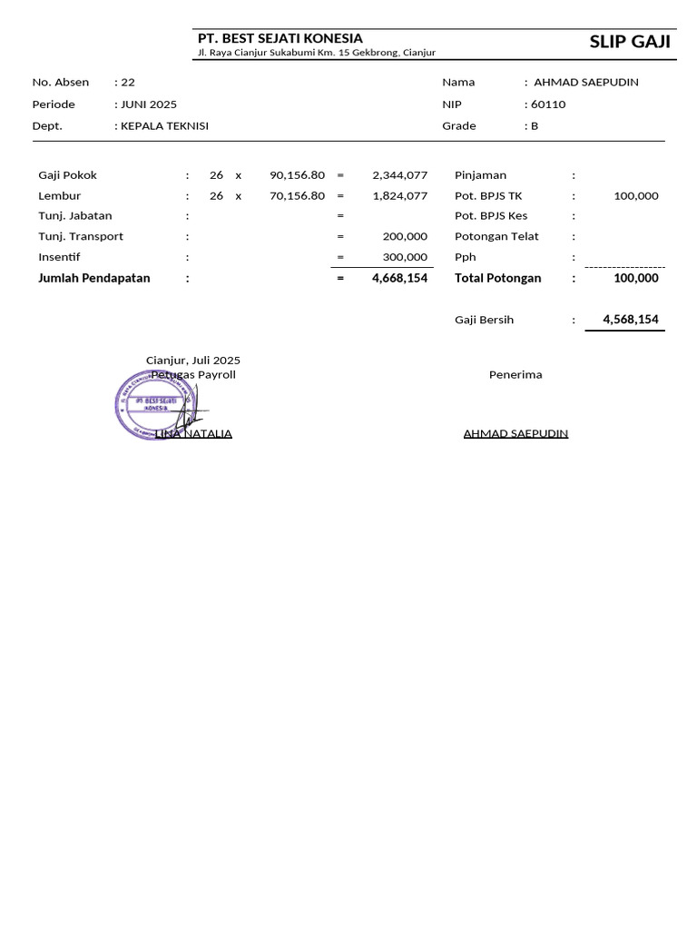 Slip Gaji PT Best Sejati Indonesia | PDF