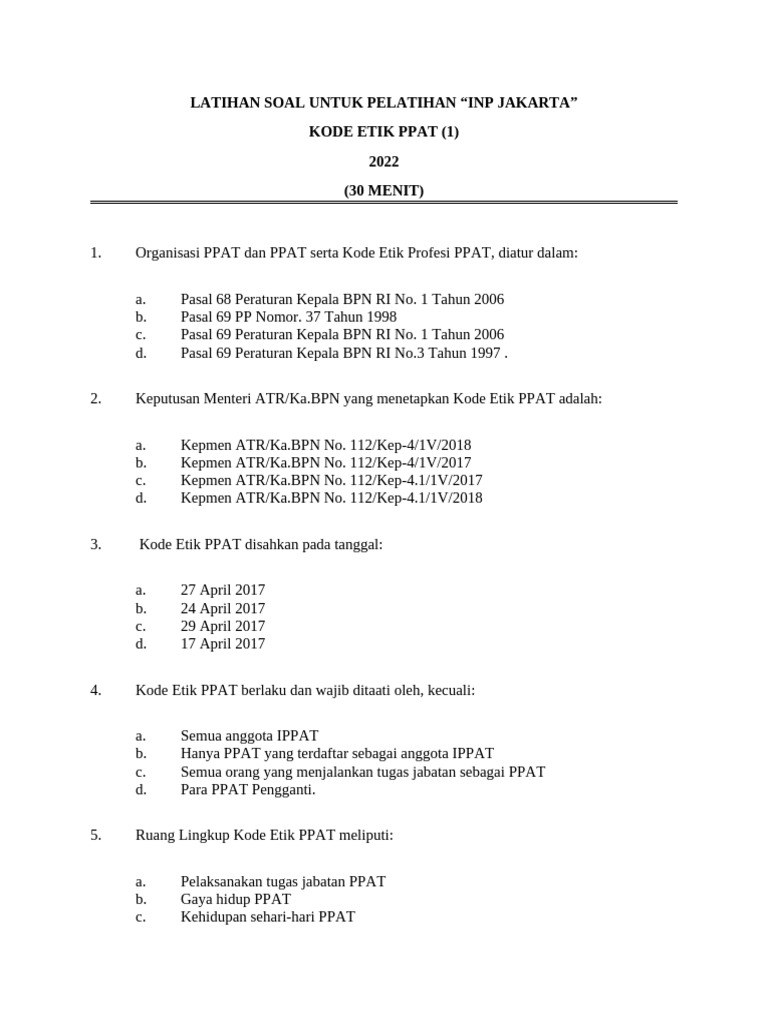 Latihan Soal Kode Etik PPAT 2022 | PDF