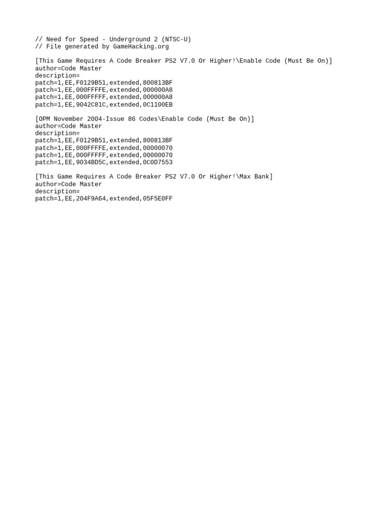 NFS Underground 2 Patch Codes Guide | PDF