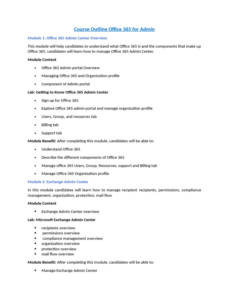 Office 365 For Admin Outline and Advanced Managemant | PDF | Share ...