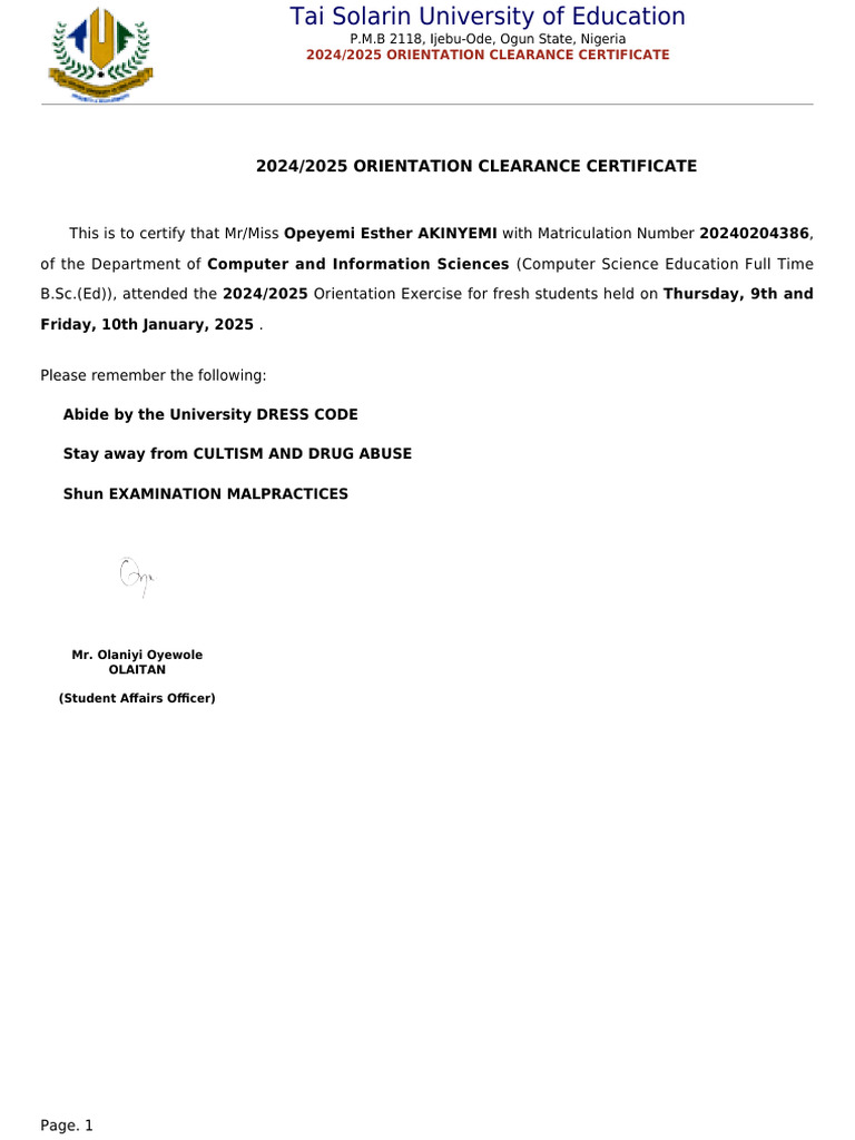 Orientation Form | PDF