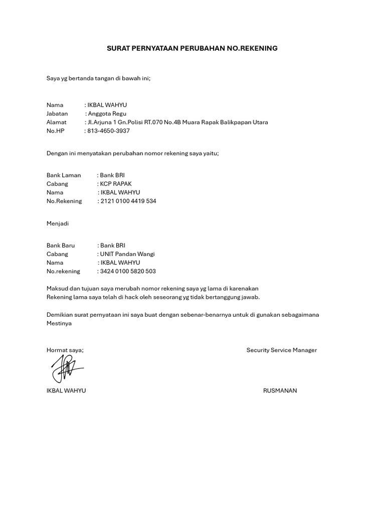 Surat Pernyataan Perubahan Rekening PT - PTC | PDF