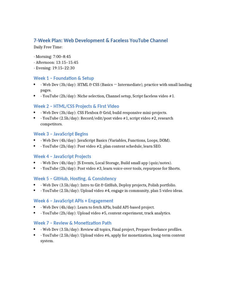 7 Week WebDev YT Plan | PDF