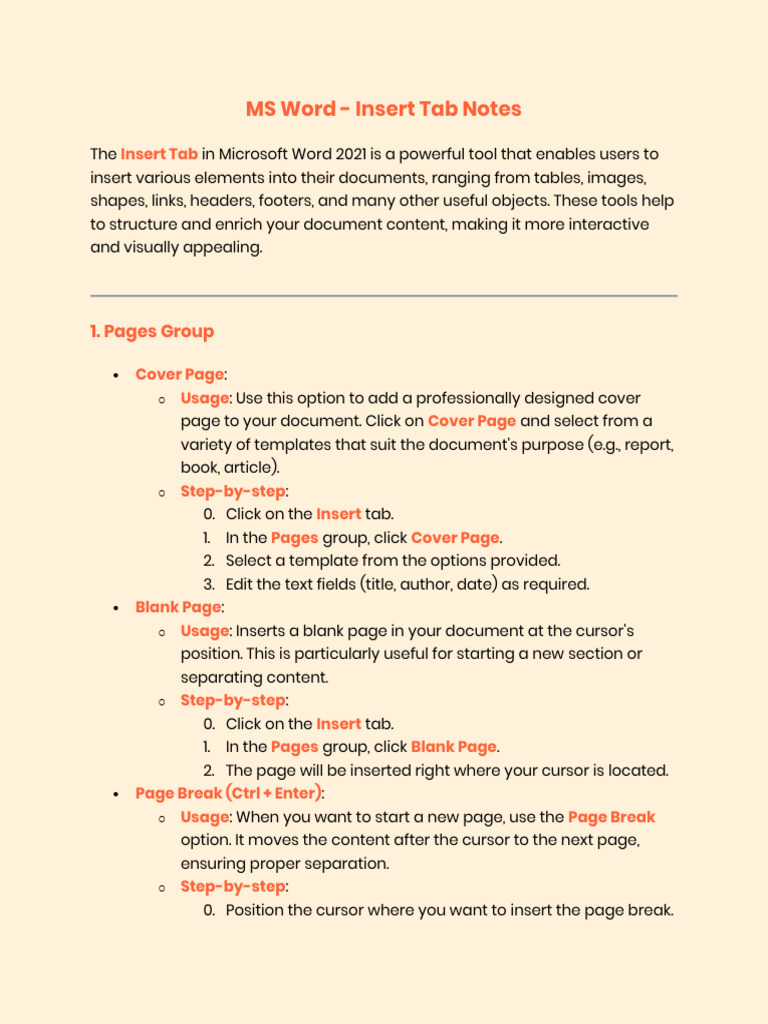 MS Word Insert Tab Overview | PDF | Hyperlink | Computing