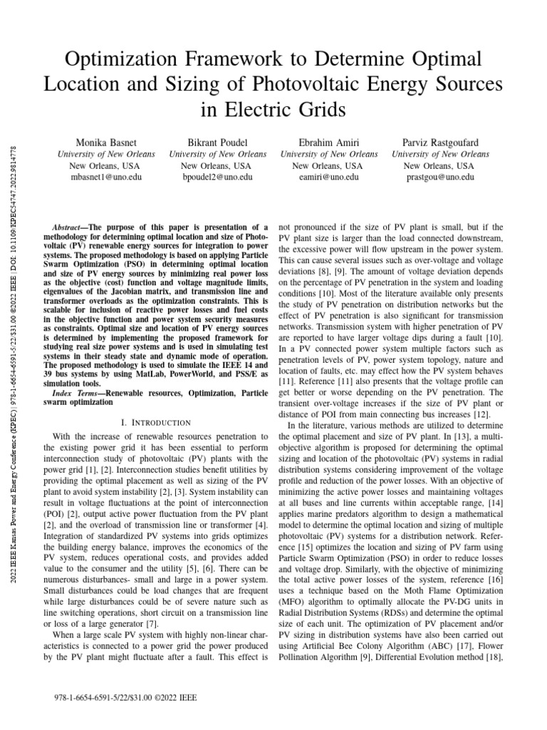 Optimization Framework To Determine Optimal Location and Sizing of Photovoltaic Energy Sourves ...