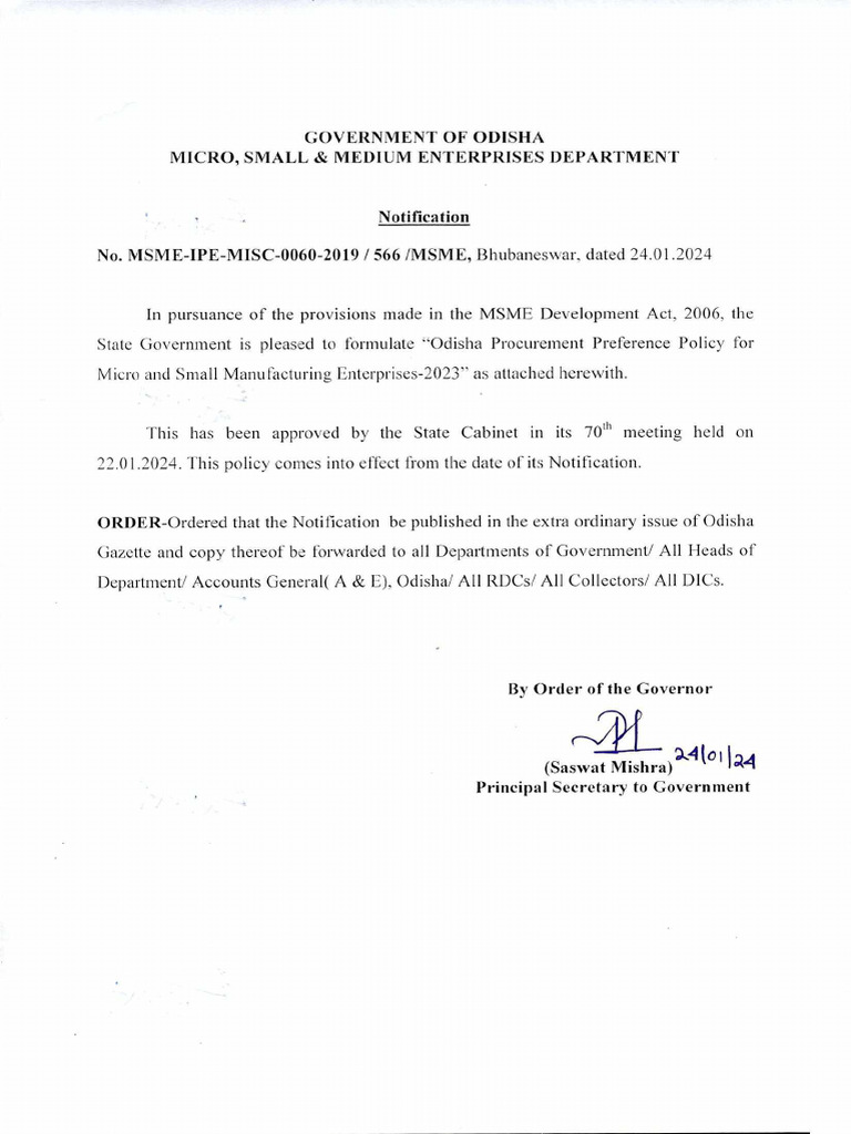 Odisha Procurement Preference Policy For Micro and Small Manufacturing ...