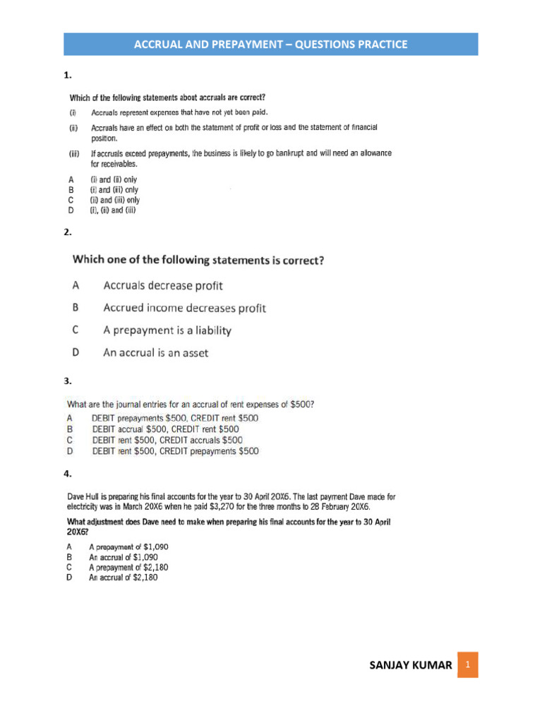 Accrual and Prepayment Practice Questions | PDF
