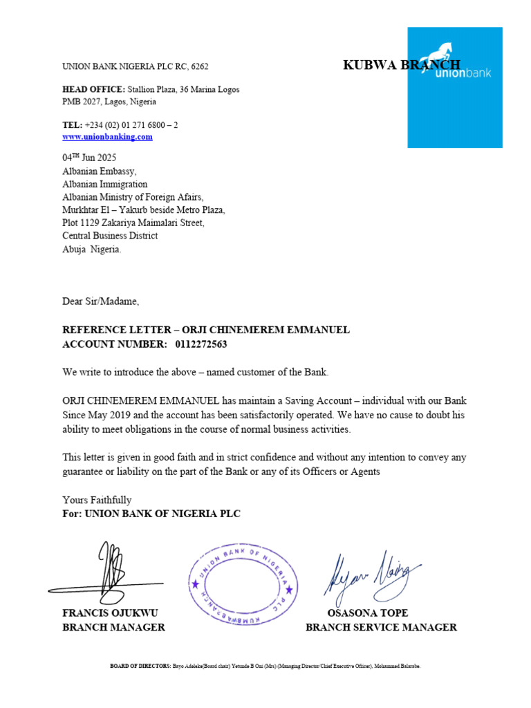 Union Bank Nigeria Reference Letter | PDF