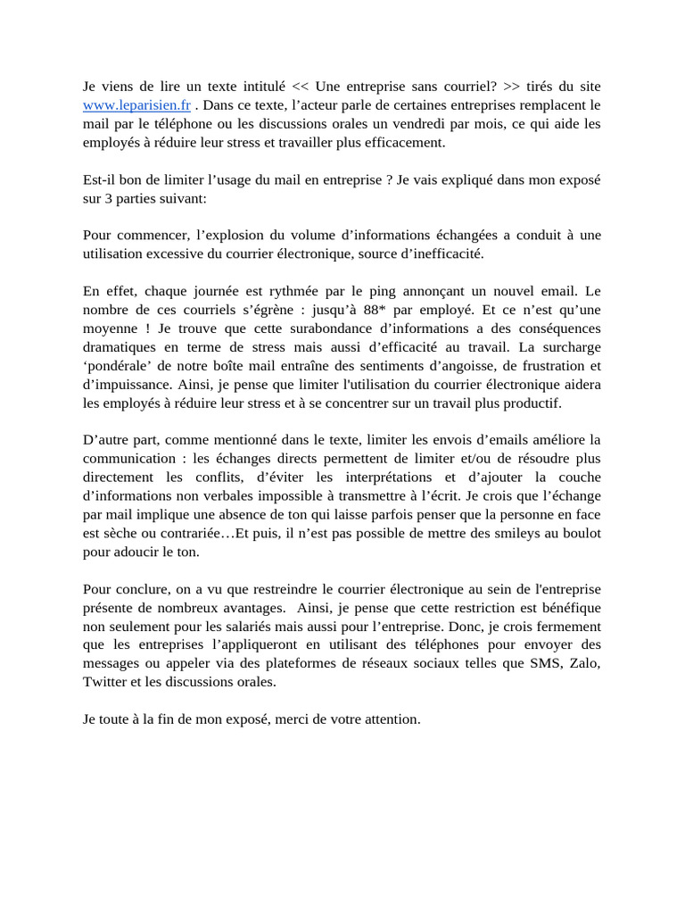Limiter le mail en entreprise : avantages | PDF