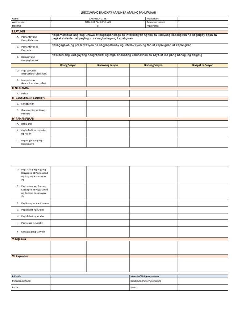 Lingguhang Banghay - Template | PDF
