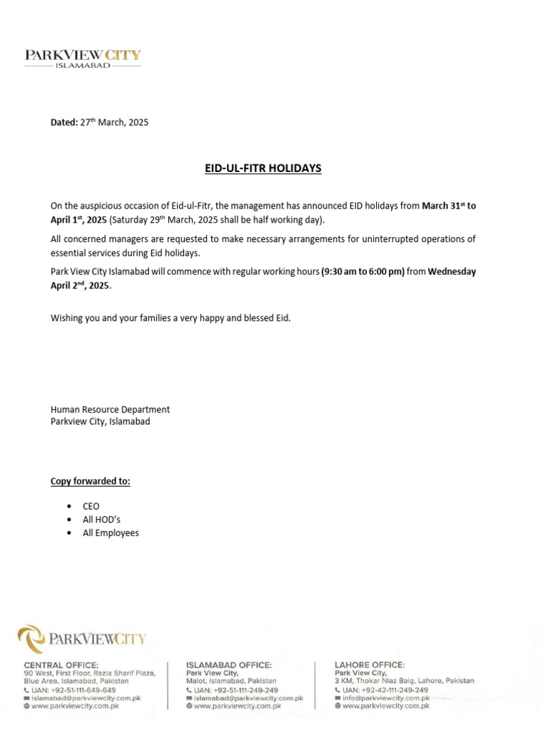 EID Holidays Notification - 2025 | PDF