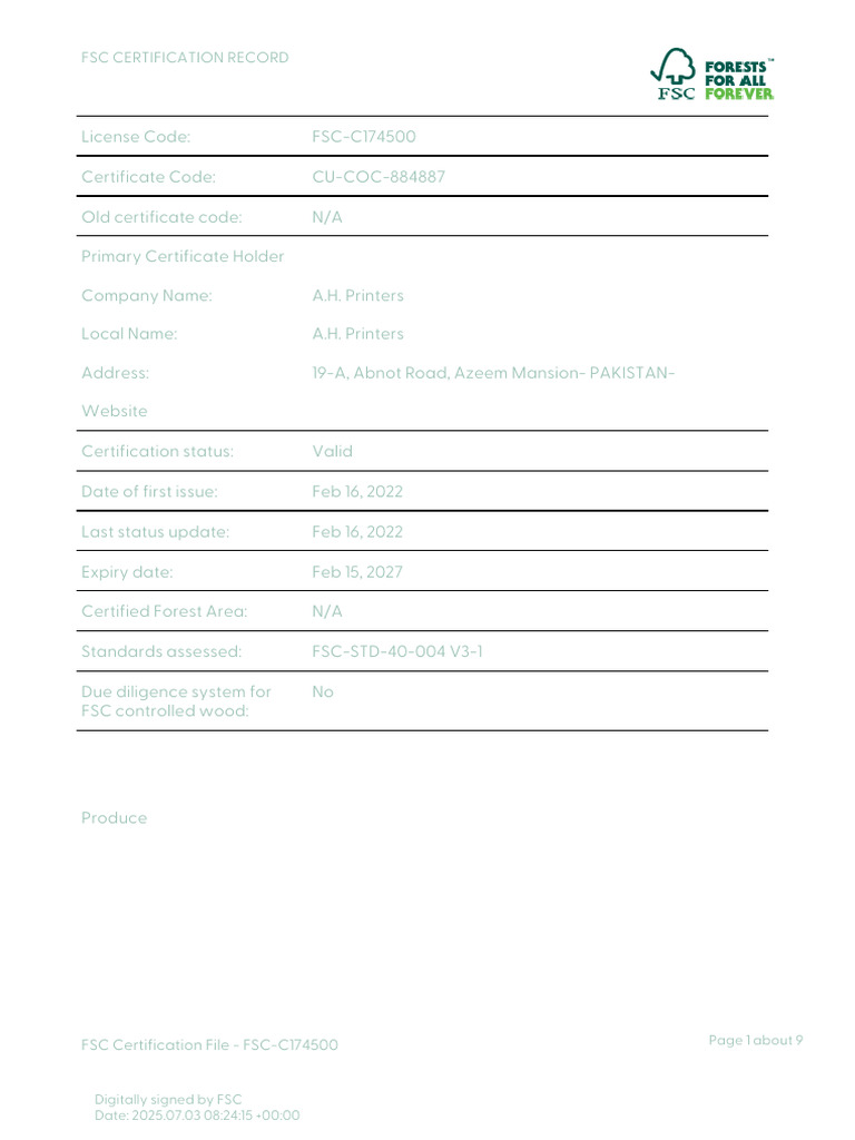 FSC Certification Record for A.H. Printers | PDF | Legal Liability ...