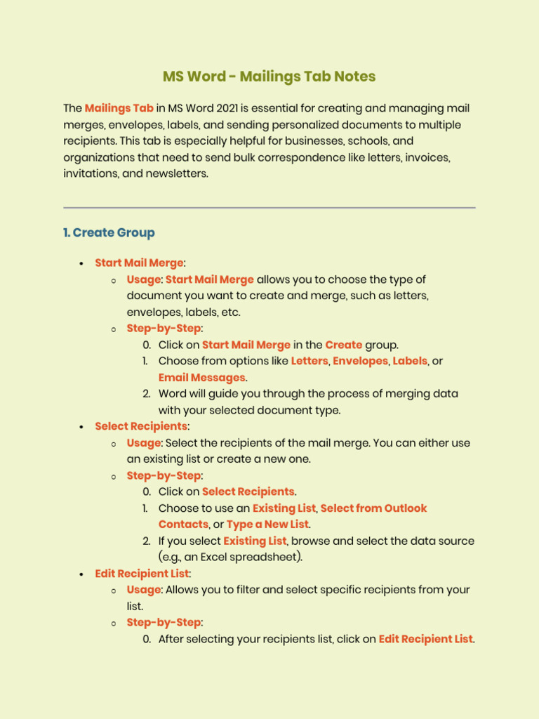 Word Mailings Tab Notes (Eng - Mar) | PDF | Mail | Microsoft Word