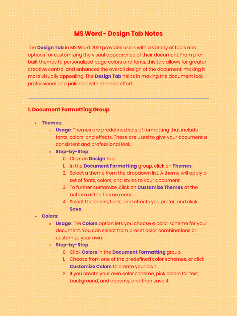 MS Word Design Tab Guide | PDF | Microsoft Word | Typefaces