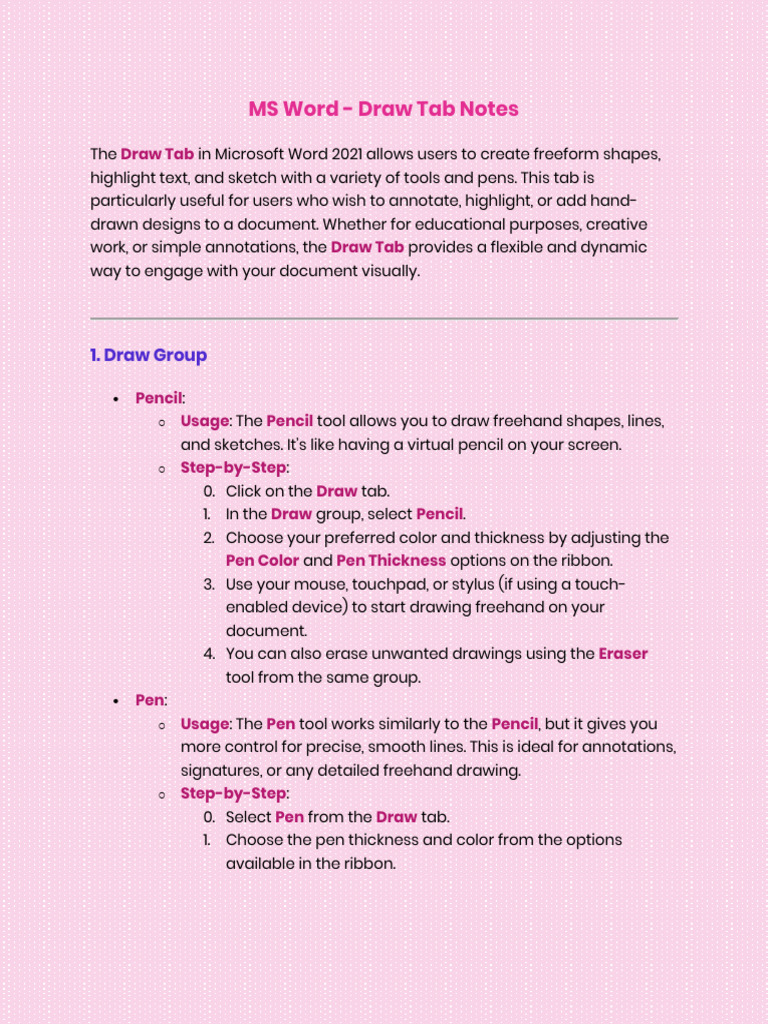 MS Word 2021 Draw Tab Guide | PDF | Drawing | Microsoft Word