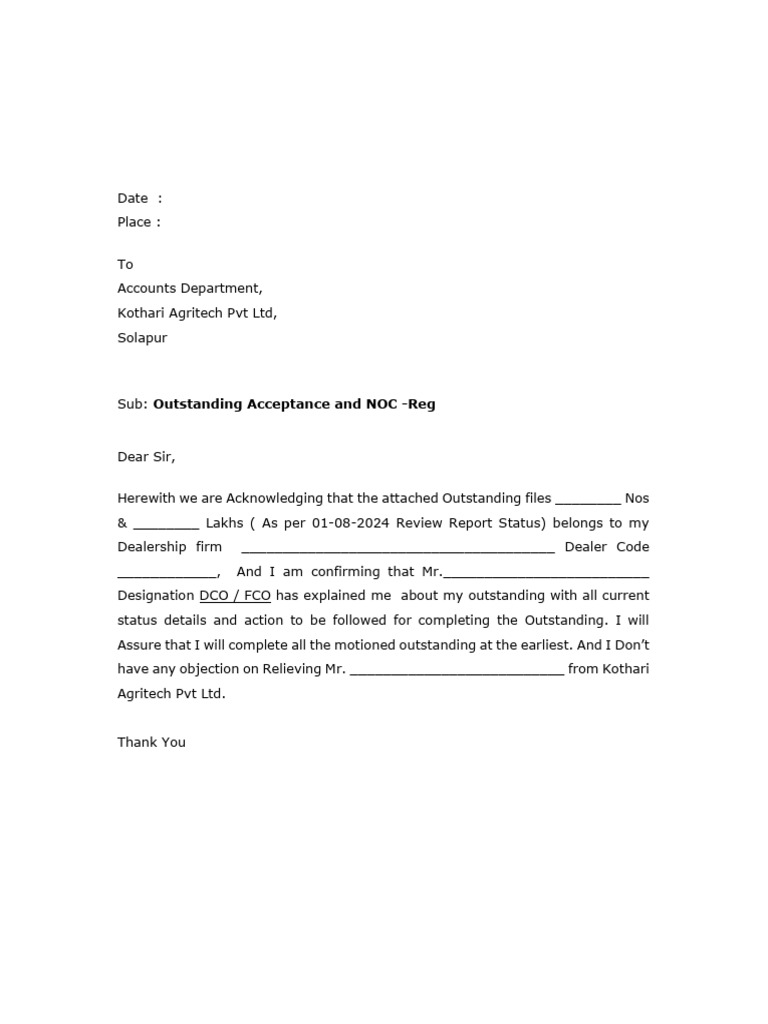 NOC Format for Dealer and Distributor | PDF