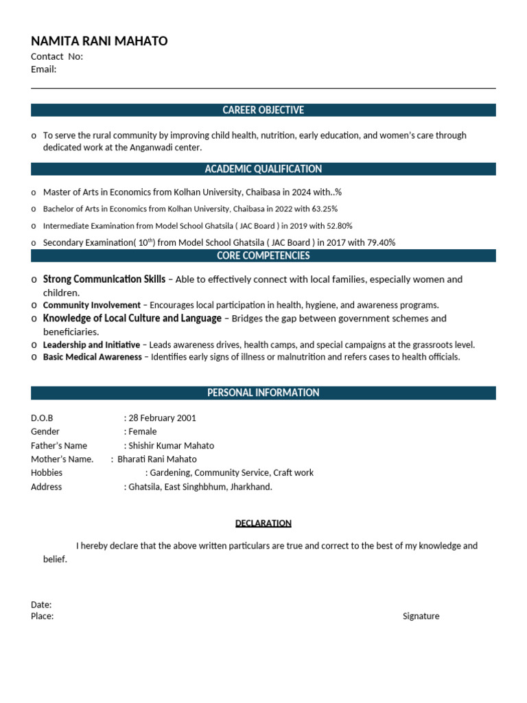 Namita Rani Mahato: Contact No: Email | PDF