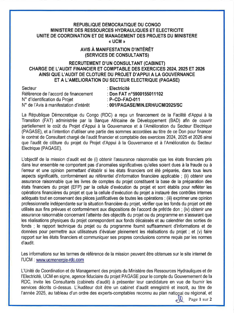 PAGASE - AMI 001-2025 - Audit Financier Et Comptable 2024-26 Et Clã ...