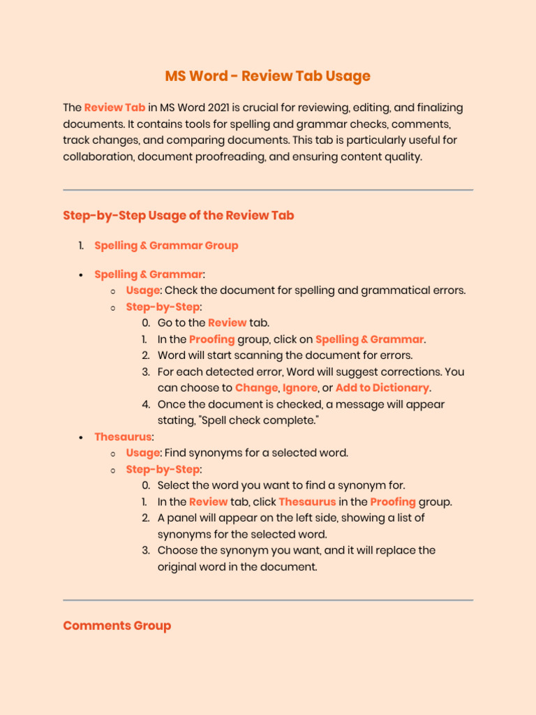 MS Word 2021 Review Tab Guide | PDF | Proofreading | Linguistics
