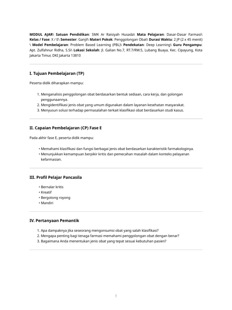 Modul Ajar Penggolongan Obat PBL | PDF