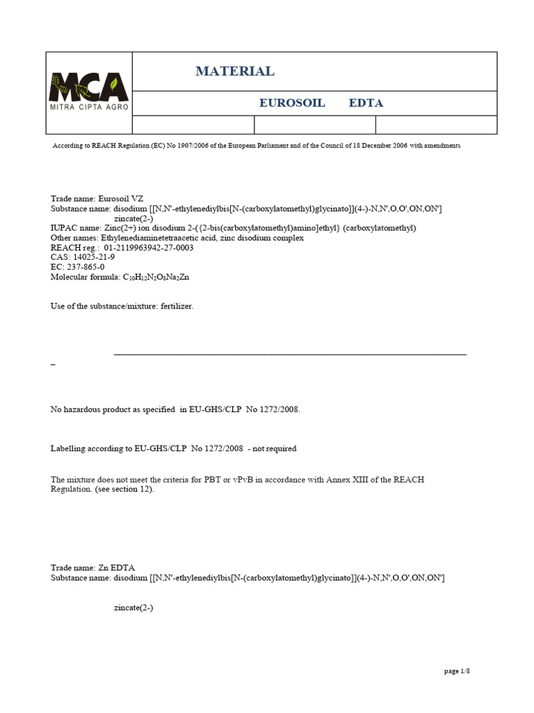 Mca MSDS Eurosoil VZ Edta | PDF | Dangerous Goods ...