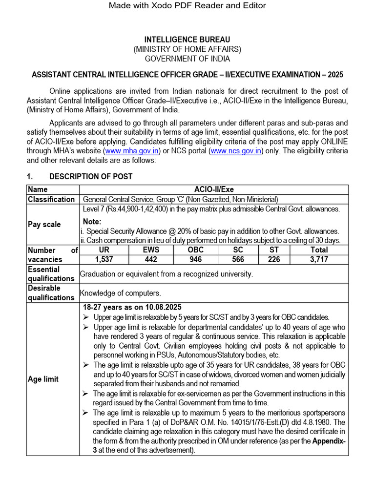 IB ACIO Recruitment 2025 | PDF | Magistrate