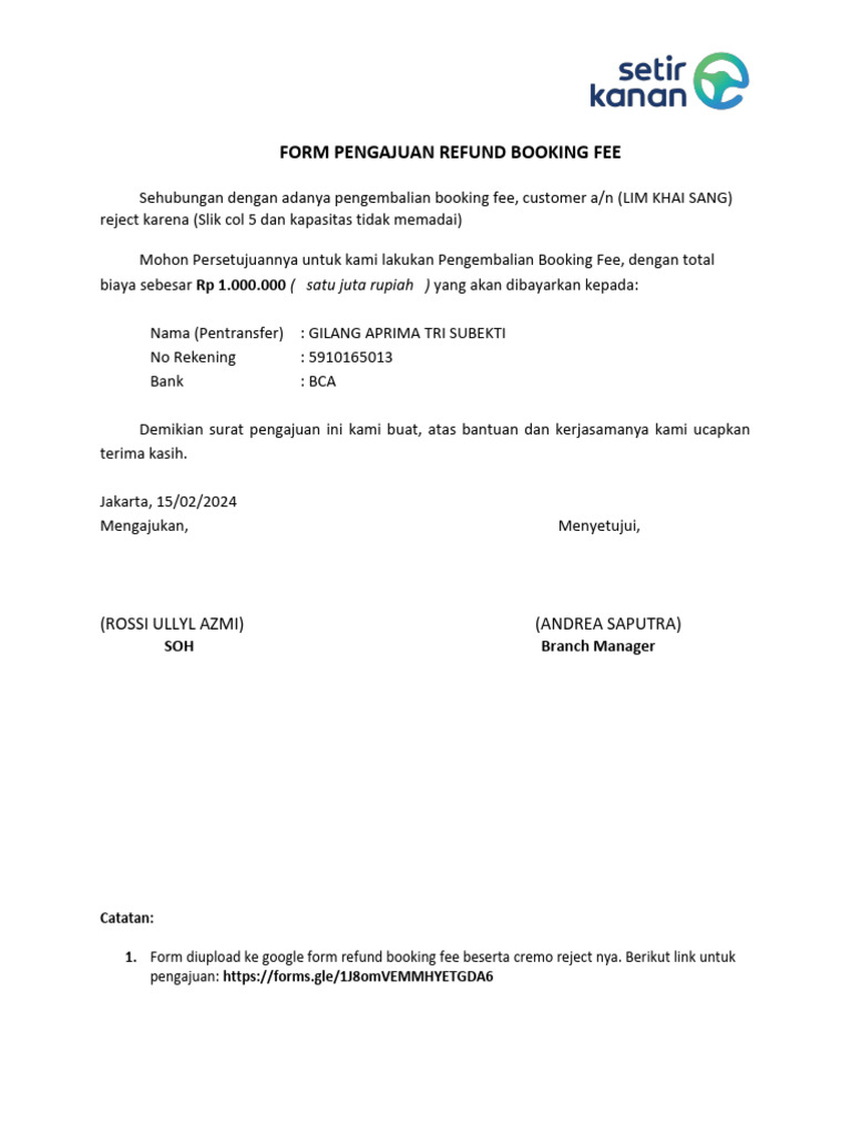 Pengajuan Refund Booking Fee Rp 1.000.000 | PDF