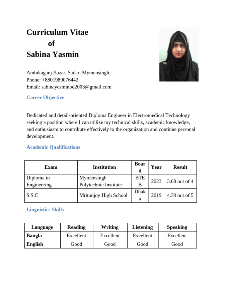 Sabina Yasmin CV | PDF