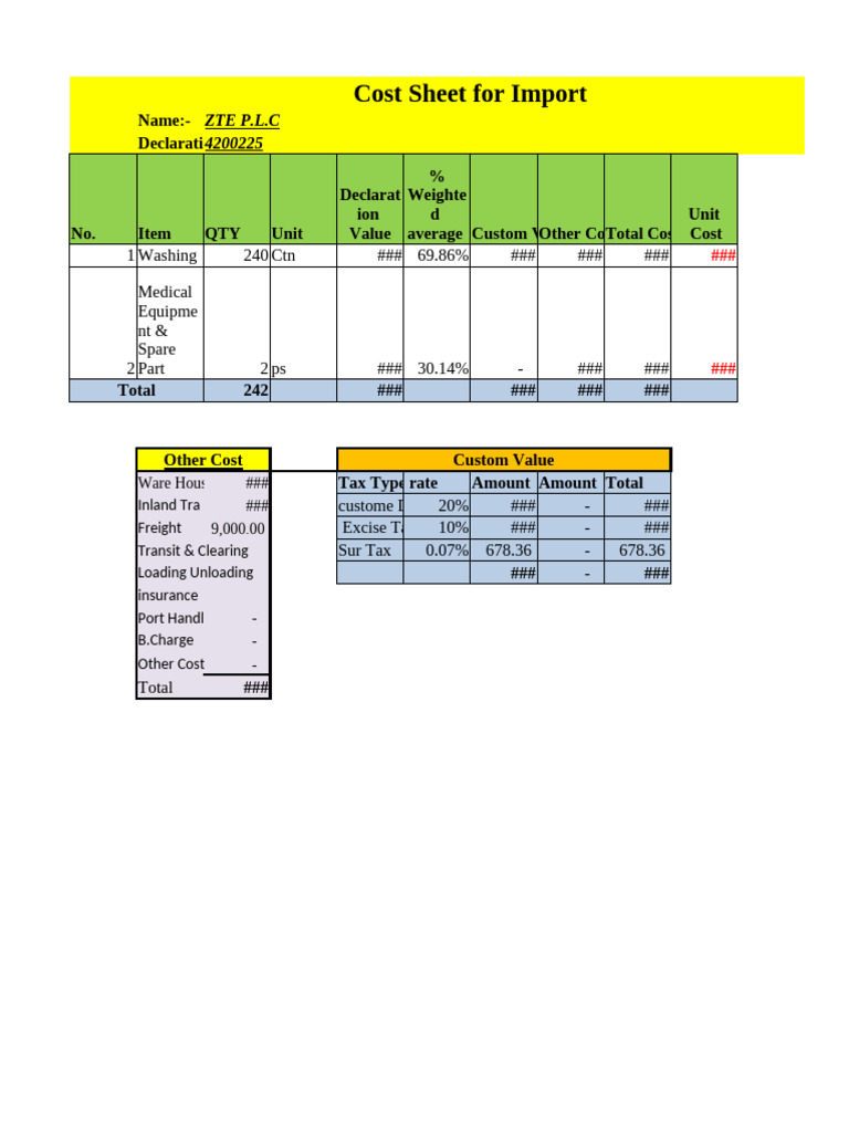 Import Cost Sheet for ZTE P.L.C. | PDF