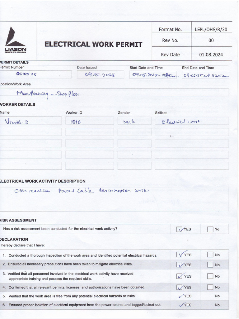 Scanned Report - Electrical Work Permit | PDF