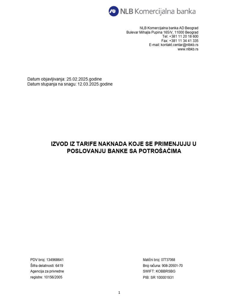 Izvod Iz Tarife Naknada Koje Se Primenjuju U Poslovanju Banke Sa ...