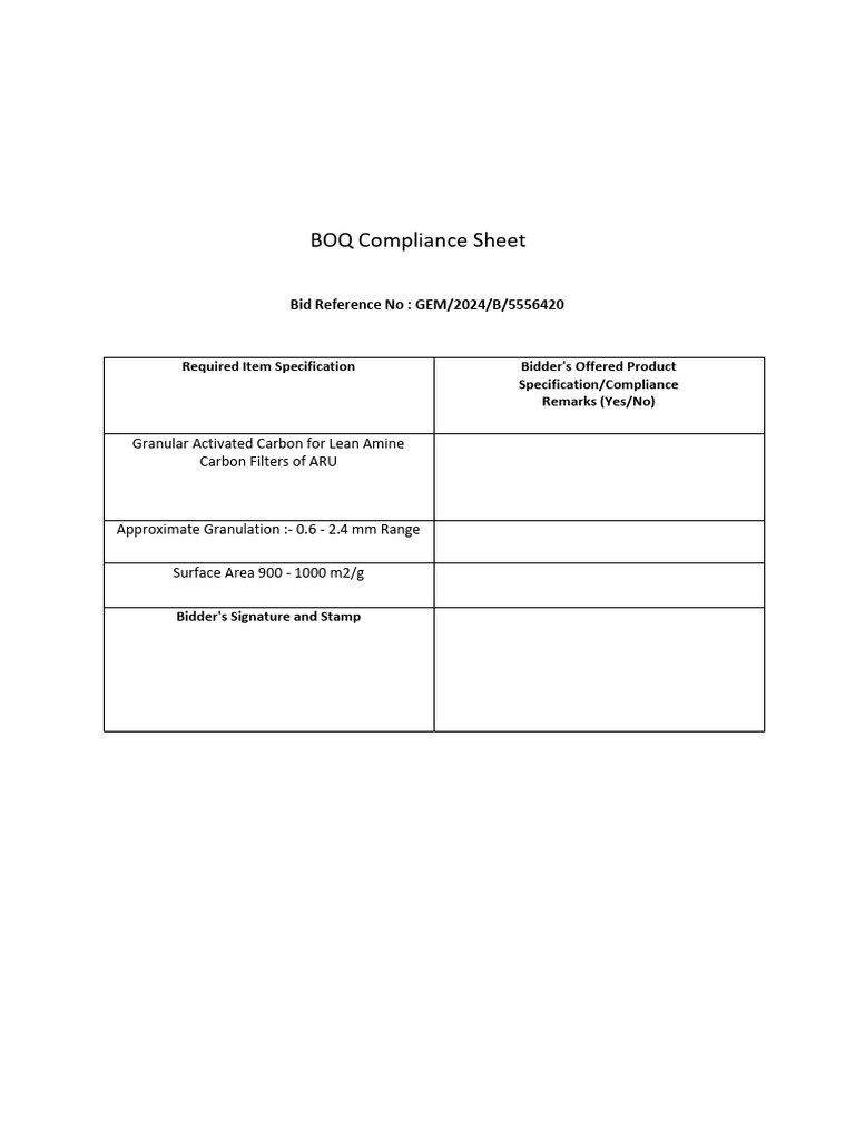BOQ Compliance for Granular Activated Carbon | PDF