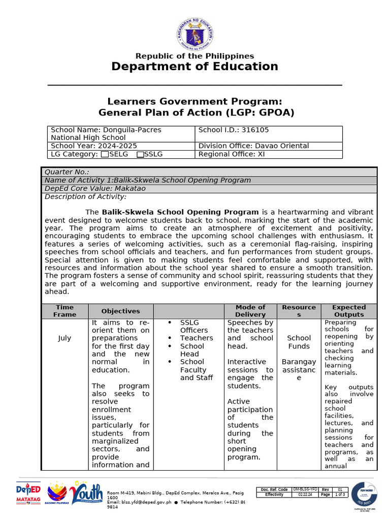 GPOA - LGP 2024 25 Balik Skwela School Opening Program | PDF | Learning | Cognition