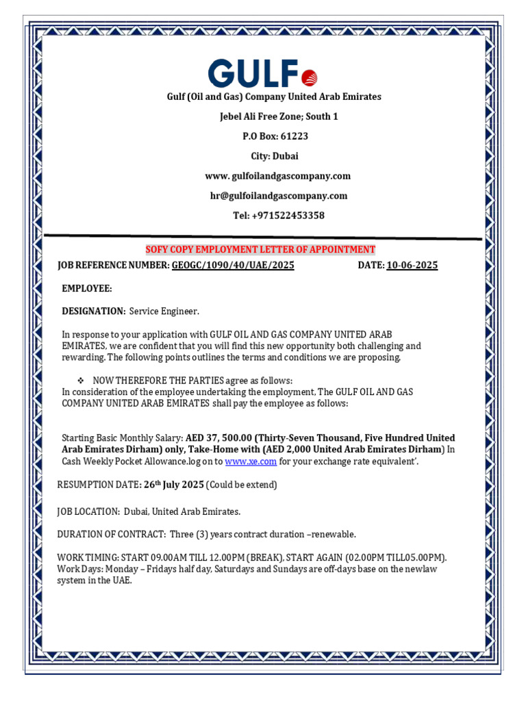 Gulf Oil and Gas Employment Offer | PDF | United Arab Emirates | Employment